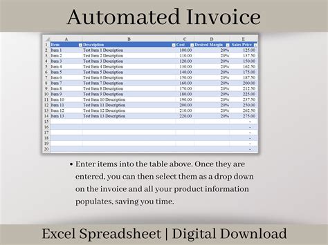Automated Excel Invoice Template Customizable Spreadsheet Digital