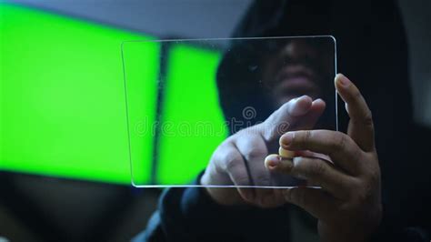 Hacker Using Clear Tablet With Hud Panel And Code Graph Bar Data Stock Video Video Of Identity