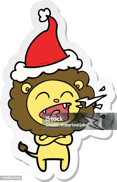 산타 모자를 쓰고 포효하는 사자의 손으로 그린 스티커 만화 0명에 대한 스톡 벡터 아트 및 기타 이미지 0명 귀여운 낙서 드로잉 Istock