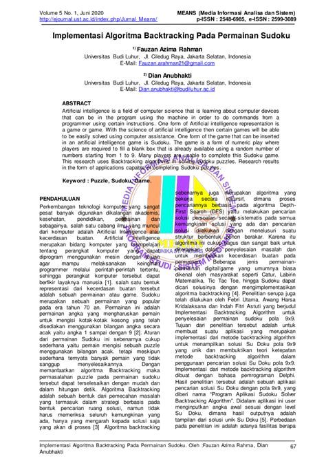 Pdf Implementasi Algoritma Backtracking Pada Permainan Sudoku