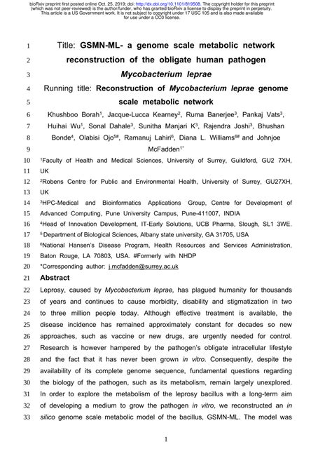 Pdf Gsmn Ml A Genome Scale Metabolic Network Reconstruction Of The Obligate Human Pathogen