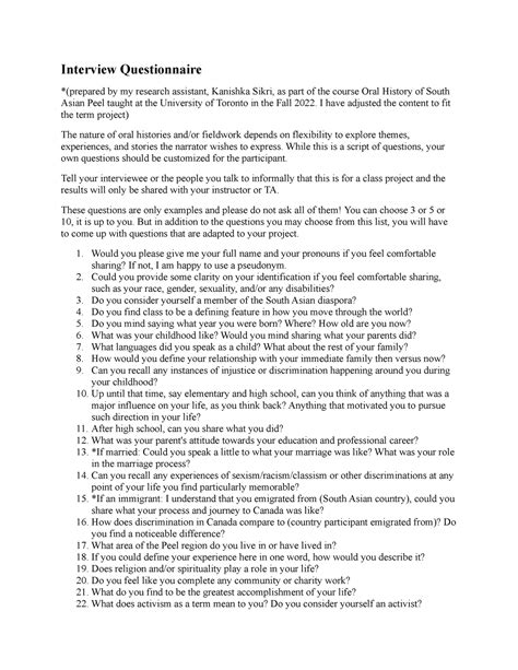 Interview Questionnaire Example Interview Questionnaire Prepared By