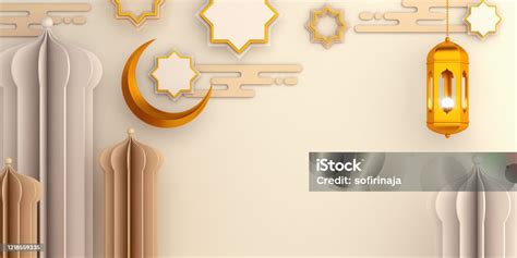 흰색 베이지 색 배경에 아랍어 모스크 종이 컷 별 장식품 랜턴 초승달 이슬람 축 하 의 날 라마단 카림 또는 이드 알 피터 아드하 복사 공간 텍스트 3d 일러스트의 디자인