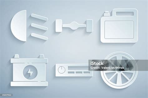 카 오디오 모터 오일용 캐니스터 배터리 알로이 휠 섀시 자동차 및 하이빔 아이콘을 설정합니다 벡터 3차원 형태에 대한 스톡 벡터 아트 및 기타 이미지 Istock