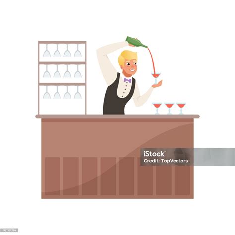 바에서 쾌활 한 바텐더 카운터 붓는 알코올 음료 병 흰색 배경에 일 만화 벡터 일러스트 레이 션에 바텐더 문자를 남자에 대한