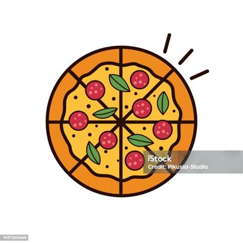 맛있는 페퍼로니 치즈 피자 플랫 로고 아이콘 스티커 패스트 푸드 기호입니다 피자 만들기 주문 및 배달 서비스 개념에 대한 스톡