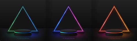 빨간색 녹색 파란색 노란색 네온 빛 삼각형 배경이 있는 3d 현실적인 검은색 실린더 연단의 집합 벽 최소 장면 모형 제품 무대 쇼케이스 프로모션 디스플레이 추상 벡터 빈