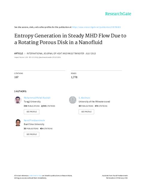 Pdf Entropy Generation In Steady Mhd Flow Due To A Rotating Porous Disk In A Nanofluid