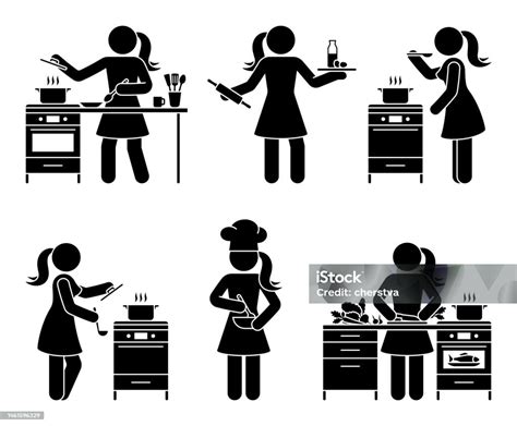 스틱 그림 집에서 요리하는 여성 벡터 삽화 수프를 만들고 식사를 맛보고 야채를 자르는 소녀 아이콘 픽토그램 만들기에 대한 스톡 벡터 아트 및 기타 이미지 Istock