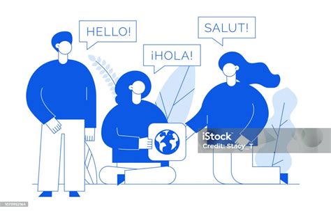 벡터 평면 선 번역 Hello 영어 스페인어 프랑스어에 있는 큰 현대 사람들의 디자인 컨셉 트렌디한 언어 코스 지구 세계와 번역 기관 그림 하 고 나뭇잎 개념에 대한 스톡