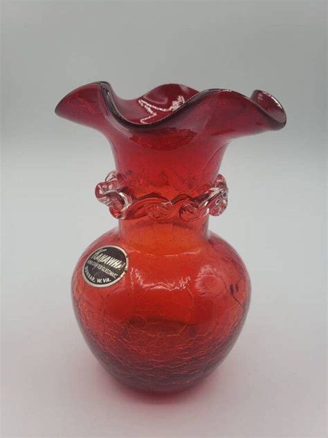 Vintage Kanawha Ruby Red Hand Blown Crackle Glass Vase Applied Etsy In 2022 Hand Blown