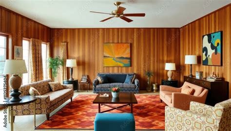 1970s Living Room With Retro Furniture Bold Geometric Patterns Wood