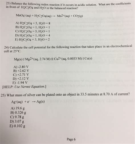 Solved 23 Balance The Following Redox Reaction If It Occurs