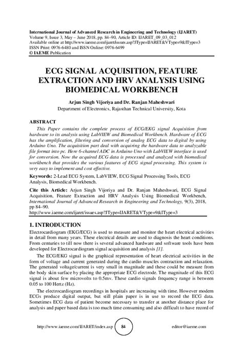 Pdf Ecg Signal Acquisition Feature Extraction And Hrv Analysis Using Biomedical Workbench