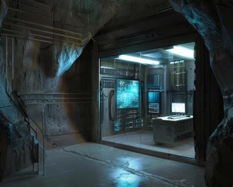 A Futuristic Dimly Lit Room With A Large Glass Door Leading To A Control Center With Screens And