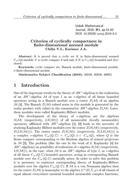 Pdf Criterion Of Cyclically Compactness Infinite Dimensional Normed Module