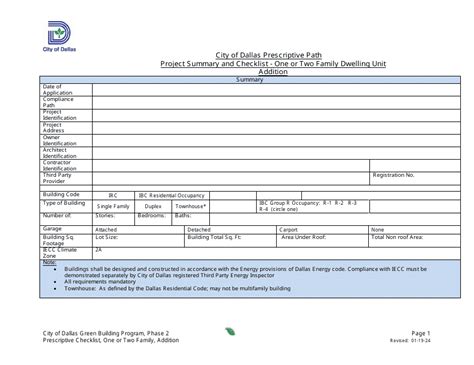 City Of Dallas Texas Prescriptive Path Project Summary And Checklist
