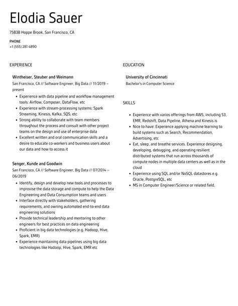 software engineer big data resume samples velvet jobs