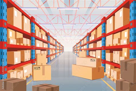 Perspective View Of Warehouse With Cardboard Boxes On Racks Interior Of Storage Room In Store