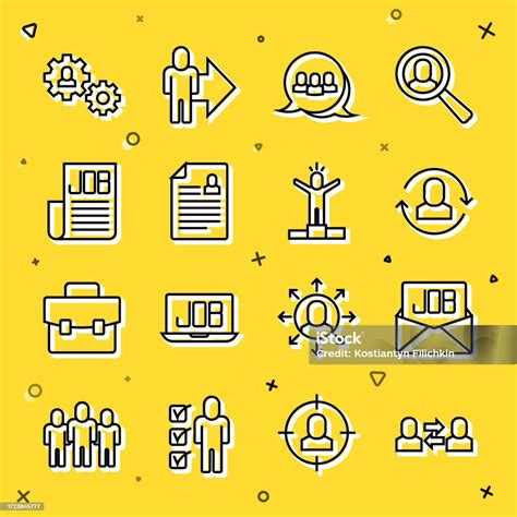 라인 교환 작업 검색 작업 프로젝트 팀 기반 이력서 기어가 있는 사람 및 생산적인 인간 아이콘을 설정합니다 벡터 가공의 인물에