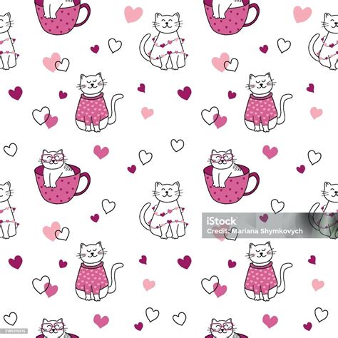 사랑에 빠진 낙서 스타일의 고양이를 특징으로 하는 이음매 없는 패턴으로 발렌타인 데이 프린트 패브릭 포장지 로맨틱한 디자인에 적합합니다 개성 개념에 대한 스톡 벡터 아트 및