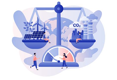 Co2 배출 감소 지속 가능성 개념 순 제로 배출 및 이산화탄소 중립 균형 친환경적이고 공장으로 가늠자 현대 평면 만화 스타일입니다 벡터 그림 균형에 대한 스톡 벡터 아트