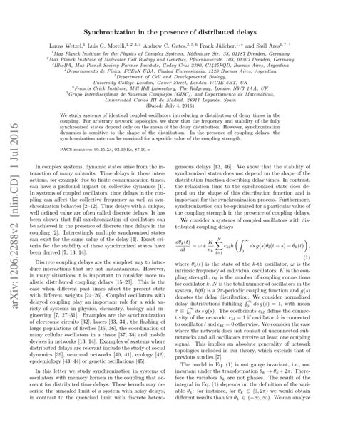 Pdf Synchronization In The Presence Of Distributed Delays
