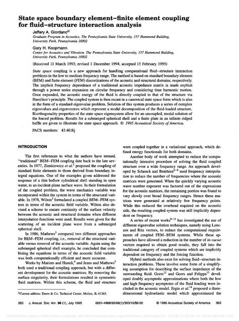 Pdf State Space Boundary Elementfinite Element Coupling For Fluid