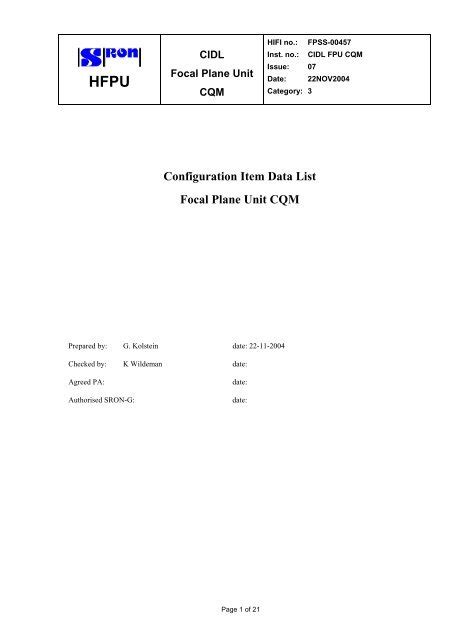 Configuration Item Data List Focal Plane Unit CQM SRON
