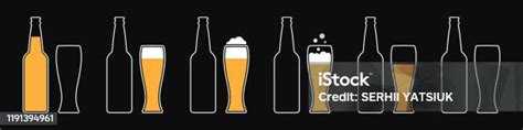 거품맥주와 거품이 들어있는 유리 병과 머그잔의 미니멀한 평평한 윤곽 세트 Ale에 대한 스톡 벡터 아트 및 기타 이미지 Ale 가득 찬 곡초류 Istock