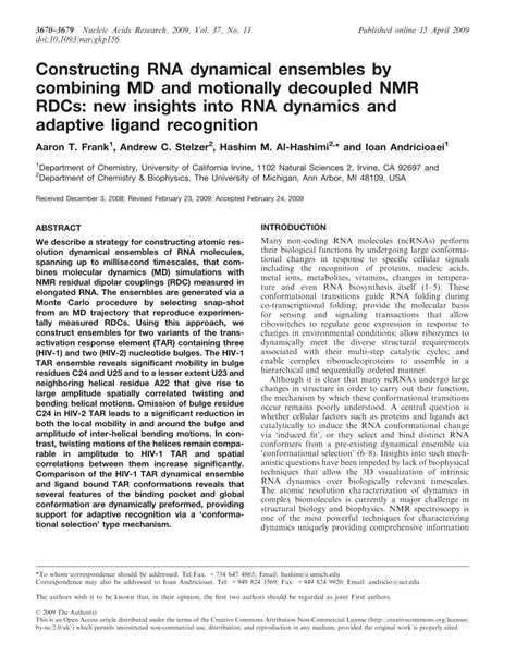 Pdf Constructing Rna Dynamical Ensembles By Combining Md And Motionally Decoupled Nmr Rdcs