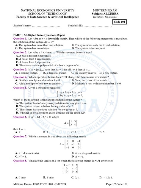 Midterm1 Pdf Eigenvalues And Eigenvectors Matrix Mathematics