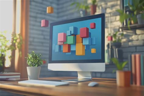 3d Image Showing Office Environment Computer Screen Ui Design Interface And Computer Display