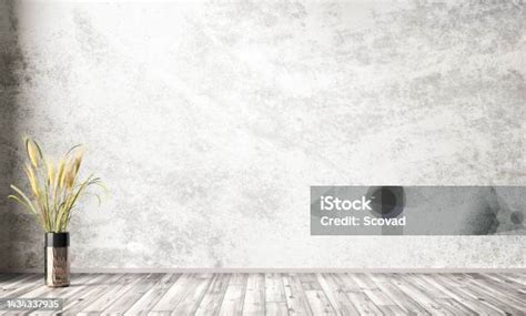 회색 치장 벽토 또는 콘크리트 벽이있는 방의 빈 내부 배경 잔디가있는 장식용 꽃병 3d 렌더링 실내에 대한 스톡 사진 및 기타 이미지 Istock