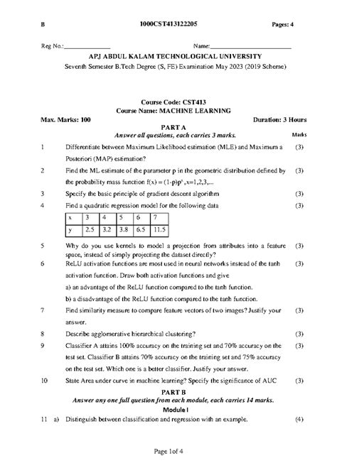 Cst413 Qp Machine Learning 1000cst Course Code Cst Course Name Machine Learning Max Marks