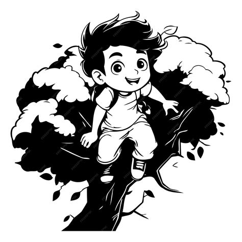 Милый маленький мальчик поднимается на дерево Векторная мультфильмная иллюстрация Премиум векторы