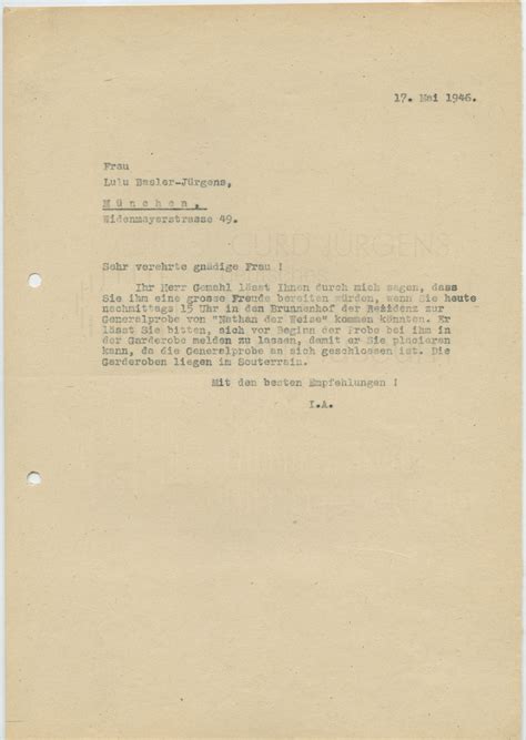 Nathan Der Weise N N An Lulu Basler [münchen] 17 5 1946 Nachlass Curd Jürgens