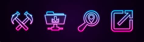 라인 설정 두 교차 망치 Ftp 폴더 다운로드 위치 검색 및 새 창에서 열기 빛나는 네온 아이콘입니다 벡터 건설 산업에 대한 스톡 벡터 아트 및 기타 이미지 Istock