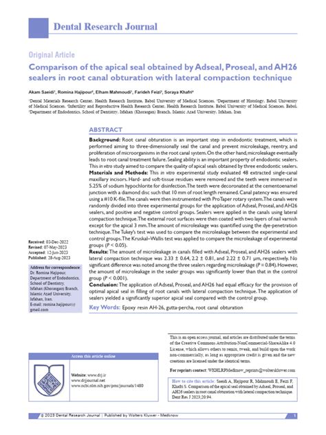 Comparison Of The Apical Seal Obtained By Adseal94 Pdf