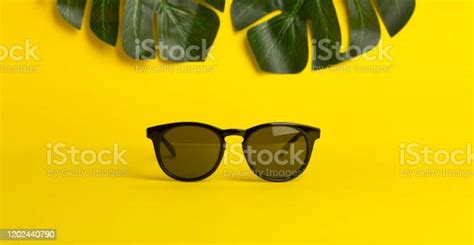 여름과 휴가 개념입니다 노란색 배경에 선글라스와 열대 잎 가방에 대한 스톡 사진 및 기타 이미지 가방 개인 장식품 광대한 Istock
