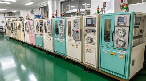 Row Of Industrial Machines In A Clean Green Factory Stock Illustration Illustration Of Space