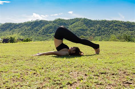 아름 다운 매력적인 아시아 여자 연습 요가 Halasana 포즈 또는 쟁기 자세 요가 명상과 함께 휴식과 건강 초원 느낌 행복에 그리고 정원 건강 요가 개념에서 편안 하 게
