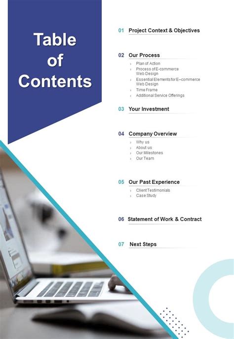table of contents website ui ux design proposal one pager sample