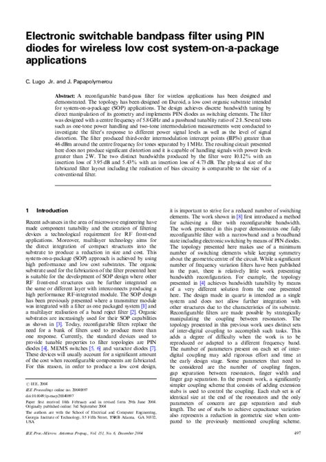 Pdf Electronic Switchable Bandpass Filter Using Pin Diodes For