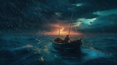 A Man Navigating A Magical Vessel Amidst Turbulent Ocean Waves With Thunder Stock Illustration