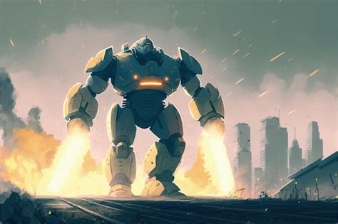 Premium Ai Image Giant Robot Launching A Rocket Punch To Demolish The City Fantasy Concept