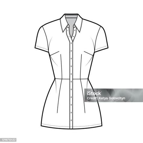 클래식 칼라 미니 길이 몸에 맞는 연필 충만 버튼 업 셔츠 드레스 테크니컬 패션 일러스트 0명에 대한 스톡 벡터 아트 및 기타 이미지 Istock