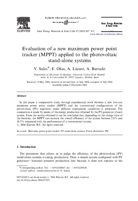 Pdf Evaluation Of A New Maximum Power Point Tracker Mppt Applied To The Photovoltaic Stand