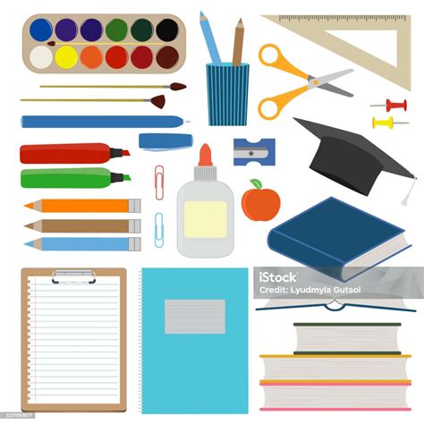 학교 용품의 큰 세트 학교 벡터 플랫 일러스트로 돌아가기 카드 포스터 교사의 날 지식 졸업용 문구류 컬렉션 학교 도구의 만화 아이콘입니다 격리된 요소 가위에 대한 스톡 벡터