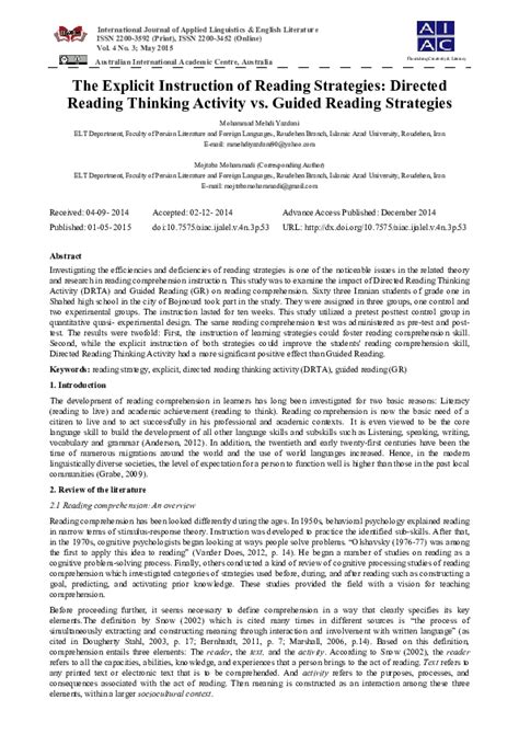 Pdf The Explicit Instruction Of Reading Strategies Directed Reading Thinking Activity Vs